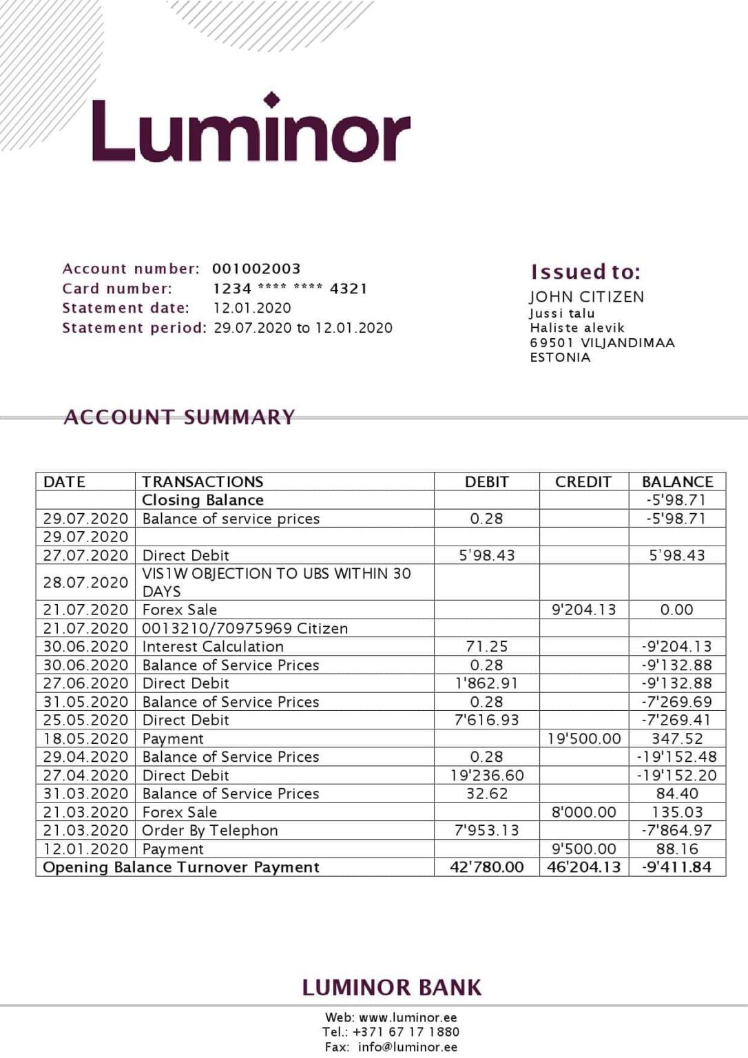 Estonia Luminor Bank Statement Template - Fakedocshop