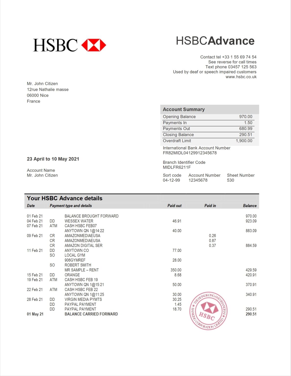 France HSBC Bank Statement Template - Fakedocshop
