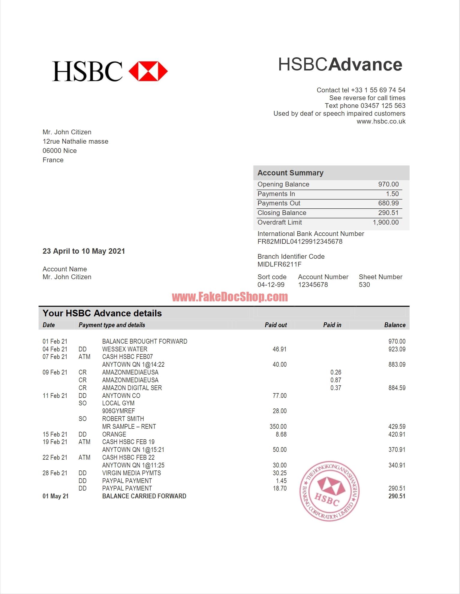 France HSBC Bank Statement Template - Fakedocshop