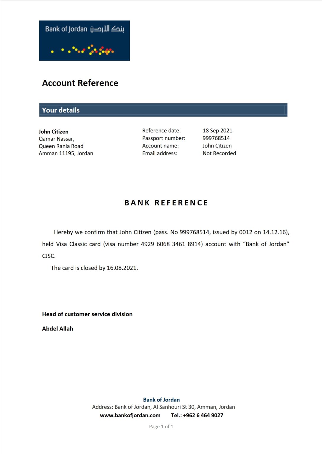 Jordan Bank Of Jordan Bank Account Reference Letter Template - Fakedocshop