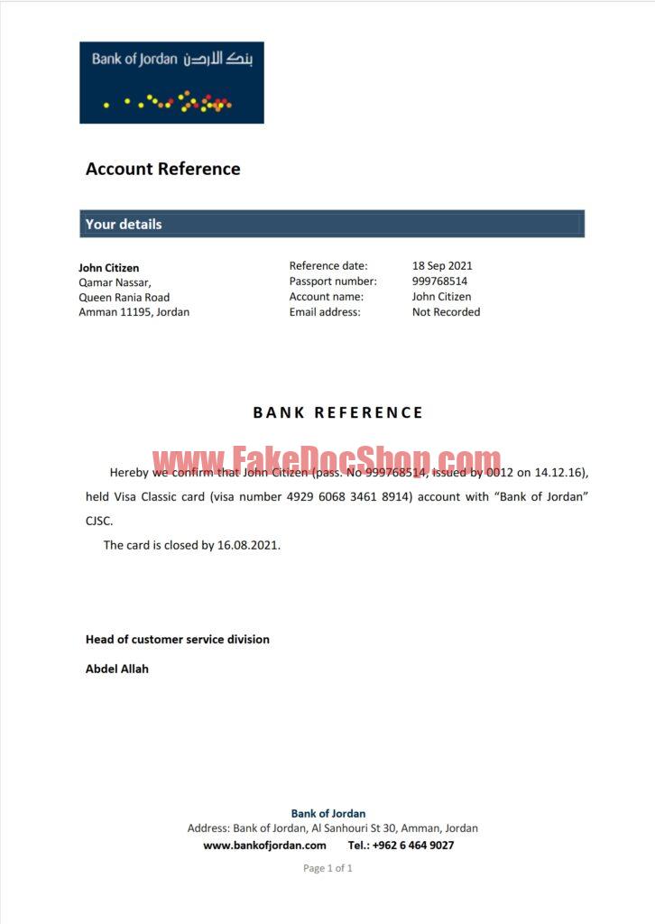 Jordan Bank Of Jordan Bank Account Reference Letter Template - Fakedocshop