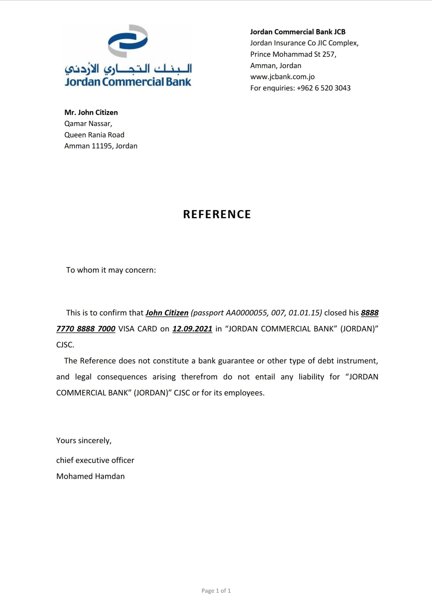 Jordan Commercial Bank Reference Letter Template Version 2 - Fakedocshop