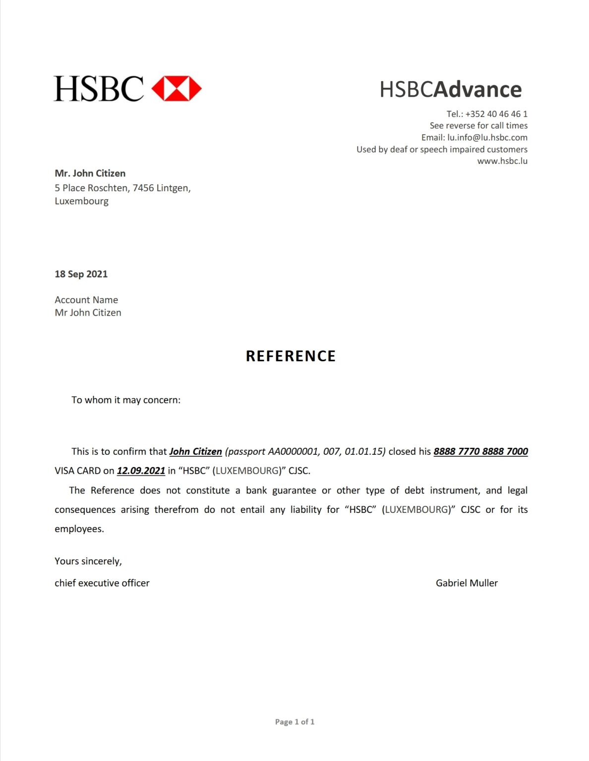 Luxembourg HSBC Bank Reference Letter Template - Fakedocshop