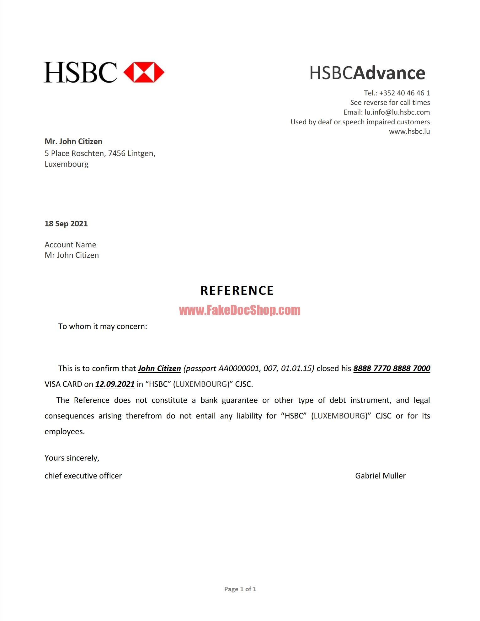 Luxembourg HSBC Bank Reference Letter Template - Fakedocshop