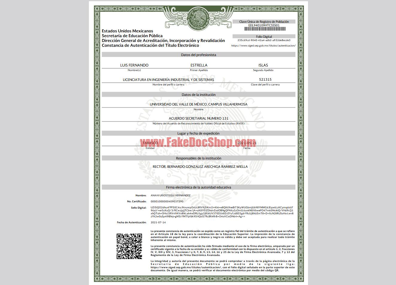 Mexico Certificate Of Authentication Of Electronic Professional Title ...