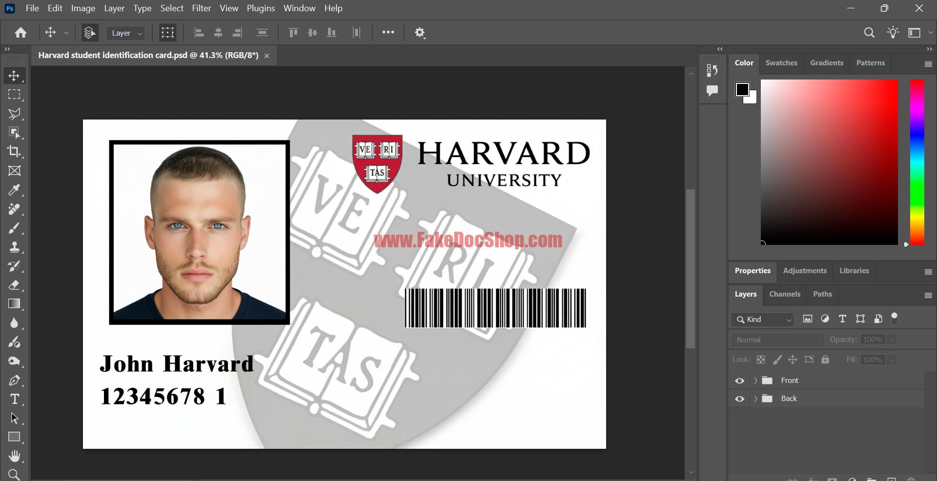Harvard Student Identification Card PSD Template - Fakedocshop