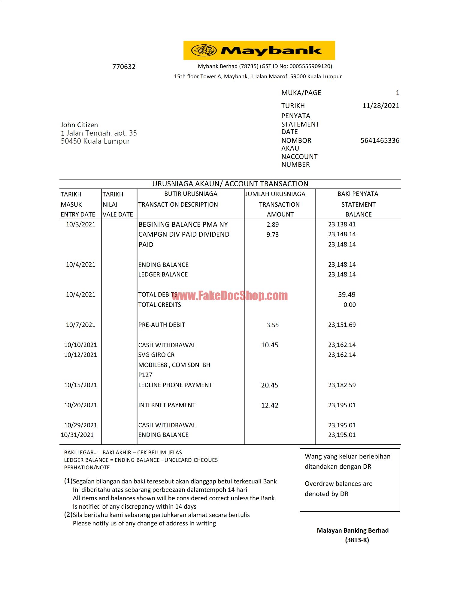 Malaysia Maybank Bank Statement Excel And PDF Template - Fakedocshop